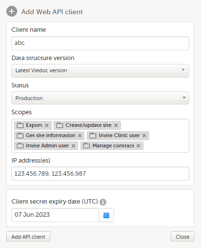 Viedoc Admin User Guide | API configuration| Viedoc eLearning